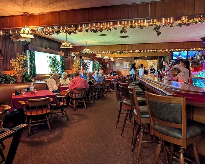 Where time stands still but cocktails flow freely. Wood paneling and warm lighting create the perfect backdrop for memorable meals and even better conversations.