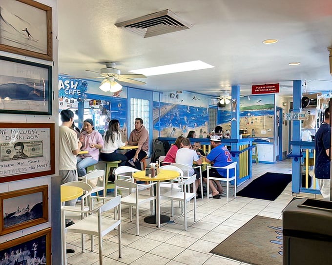 Inside, the bright blues and yellows create a cheerful atmosphere where the only thing more satisfying than the décor is knowing chowder is moments away.