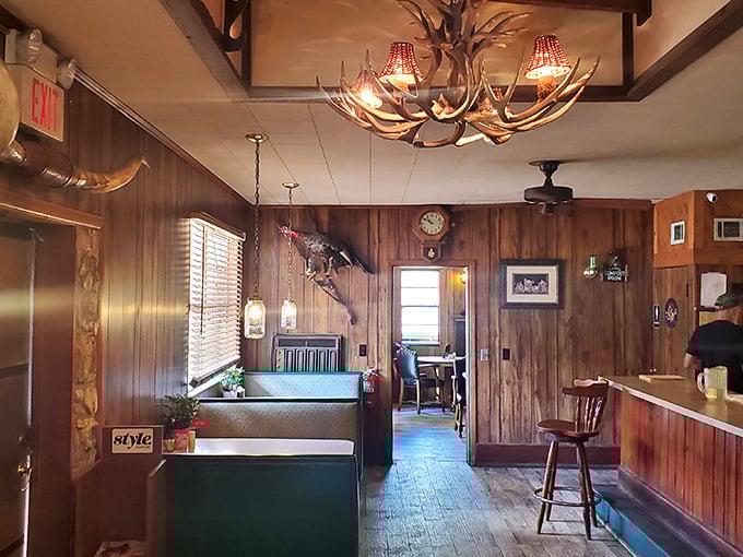 Wood-paneled warmth meets antler chandelier elegance in a dining room that feels like your cool uncle's lodge.