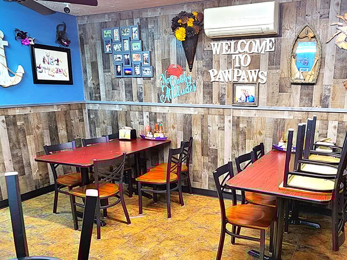 Weathered wood walls and cheerful decorations create the perfect backdrop for conversations that flow as easily as sweet tea.