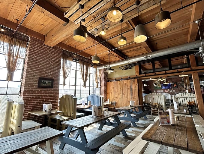 Exposed brick and wooden beams create the perfect backdrop for your barbecue adventure – rustic without trying too hard.