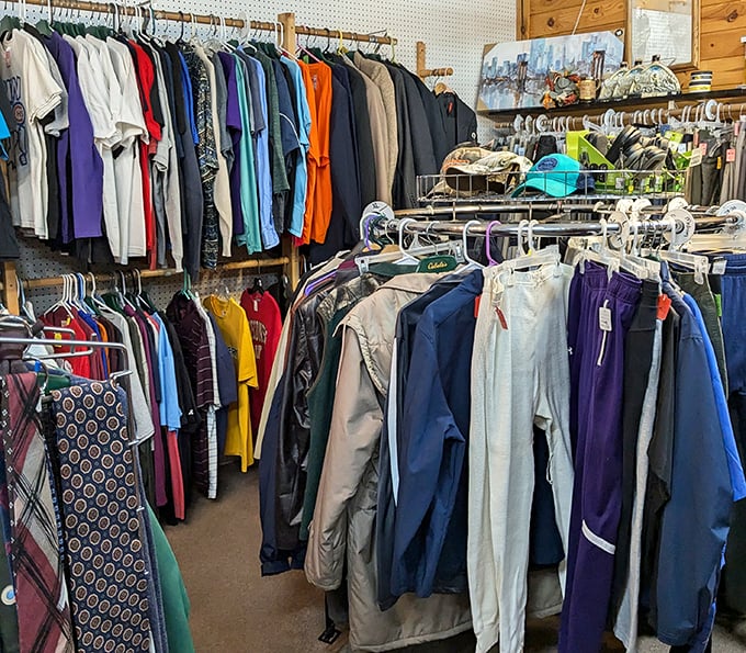 A rainbow of men's shirts awaits new owners – from business meetings to backyard barbecues, yesterday's fashion becomes tomorrow's find.