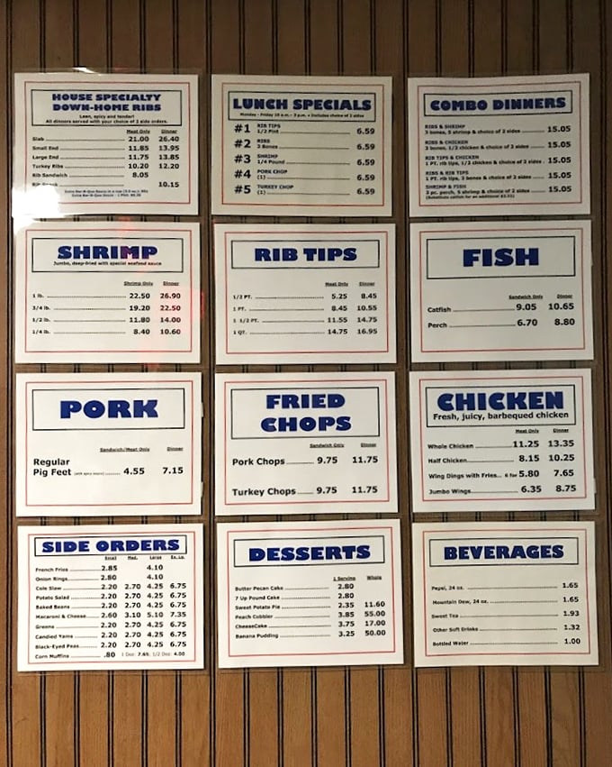This no-nonsense menu board tells you everything you need to know—life's complicated enough without fancy food descriptions. Rib tips are calling your name.