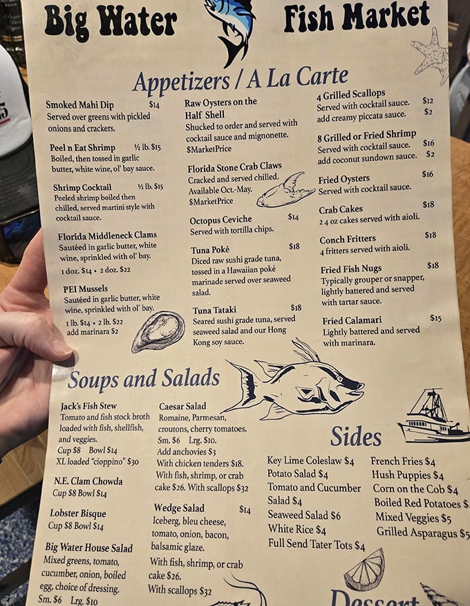 This menu isn't just a list of options—it's a love letter to the Gulf. Smoked mahi dip and stone crab claws? Yes, please!