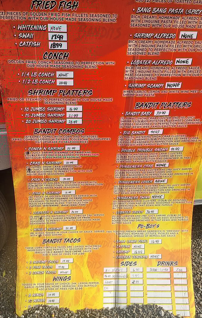 This menu isn't just a list—it's a treasure map. Each item promises a different adventure, from humble hush puppies to the aptly named "Double Trouble.