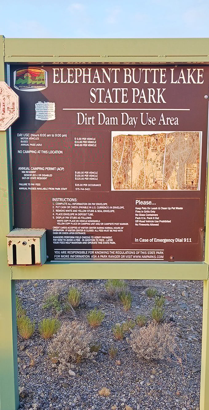 The park's information board – less exciting than what lies beyond it, but essential reading for first-timers. Consider it your desert lake decoder ring.
