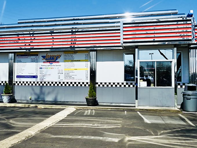 Where modern convenience meets old-school charm—Jerry's pick-up window awaits your order with the patient dignity of a bygone era.
