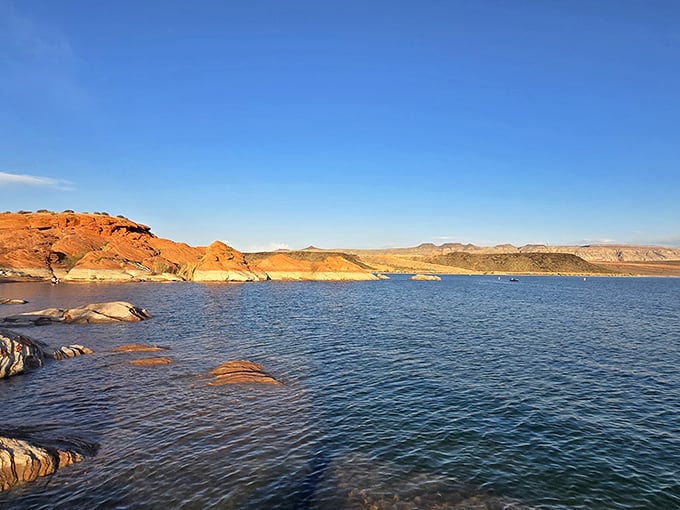 The reservoir's edge where desert meets oasis. Like finding a swimming pool in the middle of Mars.