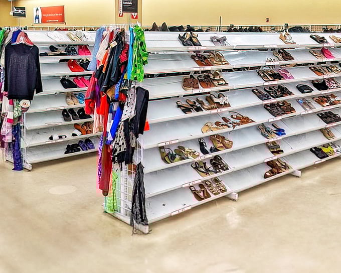 A shoe lover's dream landscape—rows upon rows of footwear waiting for their Cinderella moment at a fraction of glass slipper prices.
