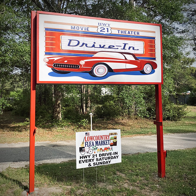 This retro sign isn't just advertising—it's a portal to simpler times. The classic car silhouette promises nostalgic entertainment ahead.