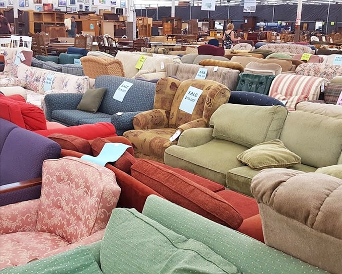 A sea of sofas stretching to the horizon – each with its own story and the potential to become your next favorite napping spot.