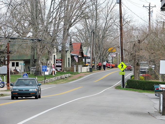 Winter reveals the bones of Leiper's Fork, where bare trees frame historic buildings waiting patiently for spring's embrace.
