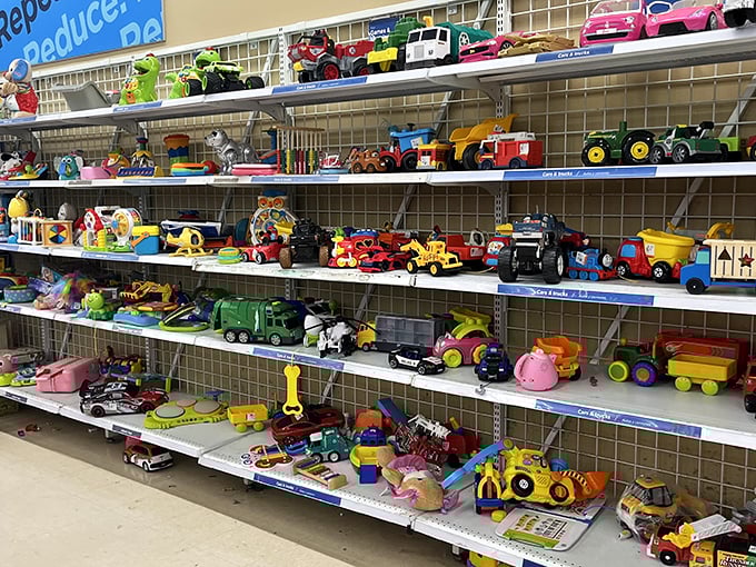 Childhood nostalgia by the shelf-full! These pre-loved toys are ready for second acts in new homes, no batteries (or massive retail markup) required.