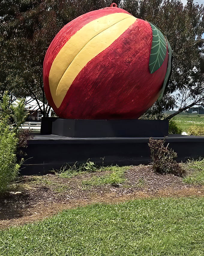 From this angle, you can appreciate the artistry—that perfect yellow slice and jaunty green leaf make this no ordinary roadside giant.