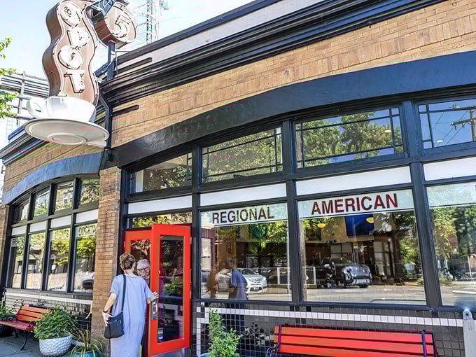 5 Spot: That steaming coffee cup sign isn't just cute—it's a beacon of hope for Seattle's caffeine-deprived masses.