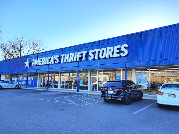That bold blue facade promises warehouse-sized adventures - America's Thrift Stores delivers retail therapy without the guilt.