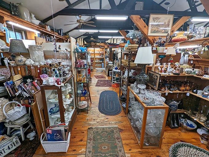 Peek inside this cozy treasure trove where wooden floors creak with stories and every aisle feels like your grandmother's attic—but organized!