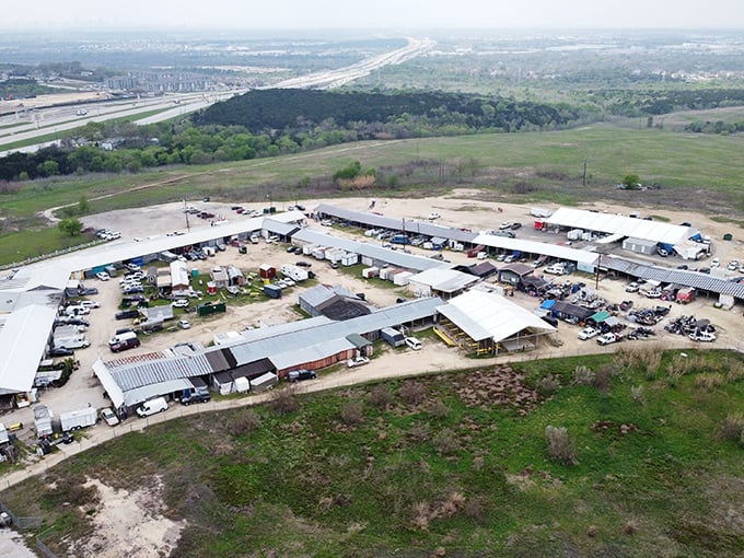 From a bird's eye view, Austin Country Flea Market spreads out like a small city of commerce amid the Texas landscape.