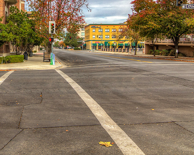 Bakersfield’s downtown streets offer a peaceful blend of city life and seasonal color, where autumn leaves soften the urban edges.