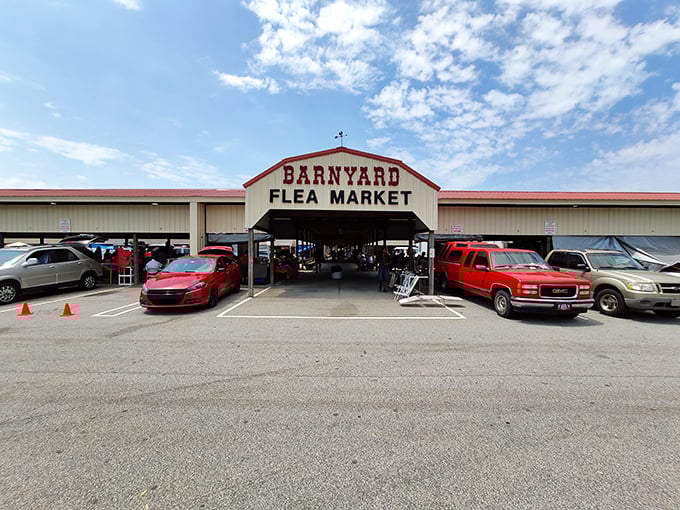 That classic red roof barn facade isn't just for show - it's your gateway to bargain paradise.
