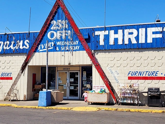 That red triangle entrance isn't just eye-catching—it's practically shouting "Amazing deals inside!" to passing traffic.