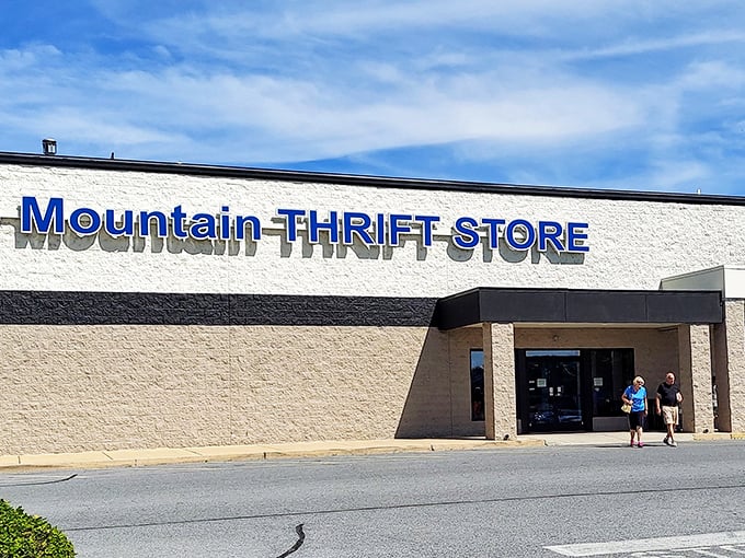 Blue Mountain's bold signage promises adventures in affordable fashion and household treasures for savvy shoppers.
