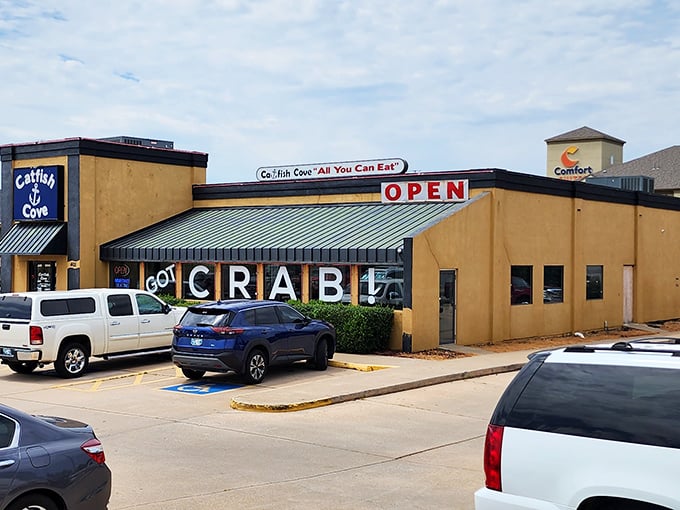 "GOT CRAB!" isn't just a sign – it's a promise that Catfish Cove keeps with delicious, no-nonsense seafood feasts.