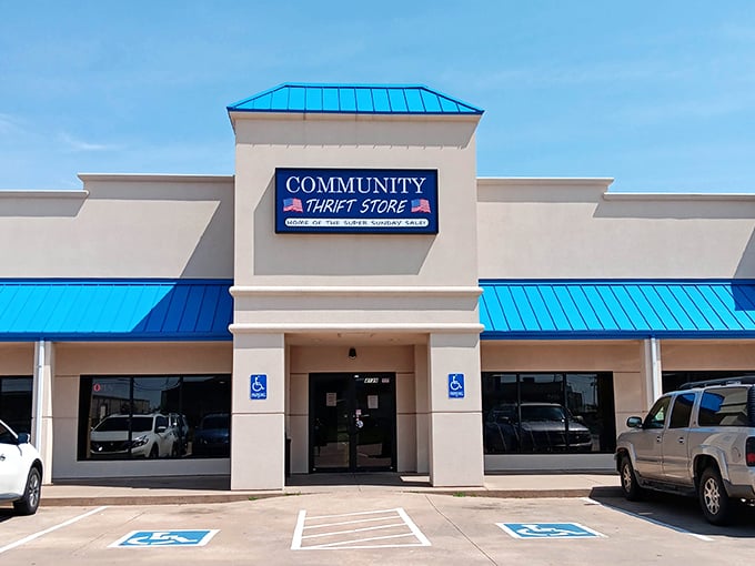 That bright blue roof signals bargain paradise ahead—your wallet's favorite landmark in Oklahoma City's landscape.