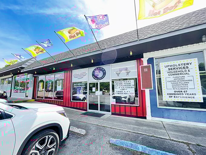 Those festive flags aren't just decoration—they're celebrating the delicious hot dogs and ice cream waiting inside for you.