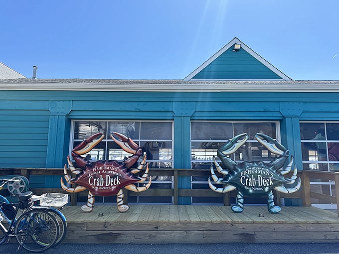Fisherman's Crab Deck: Those giant crab sculptures aren't just decoration—they're a delicious warning of what's to come inside.