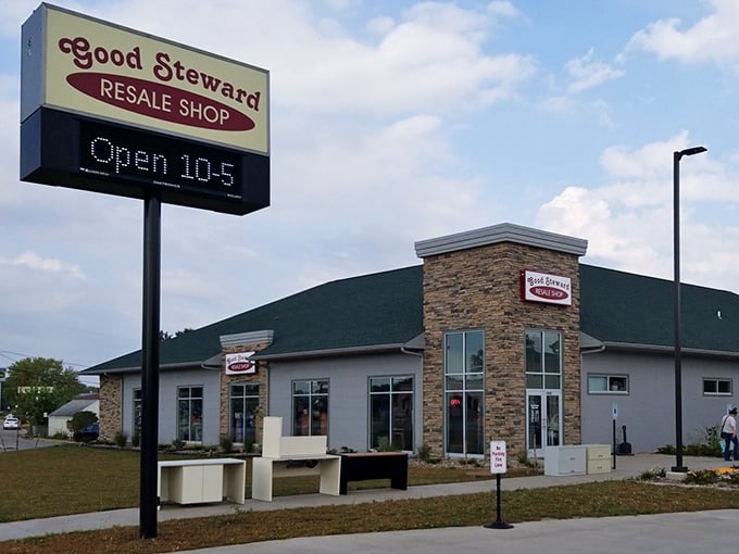 Good Steward's modern stone facade proves thrift shopping can look surprisingly sophisticated and welcoming.
