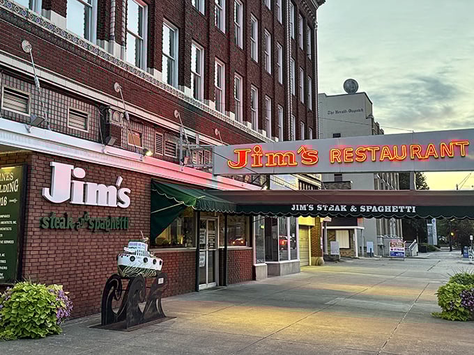 Jim's neon sign has been guiding hungry travelers for generations. It's not retro—it's authentically unchanged, like your favorite vinyl record.