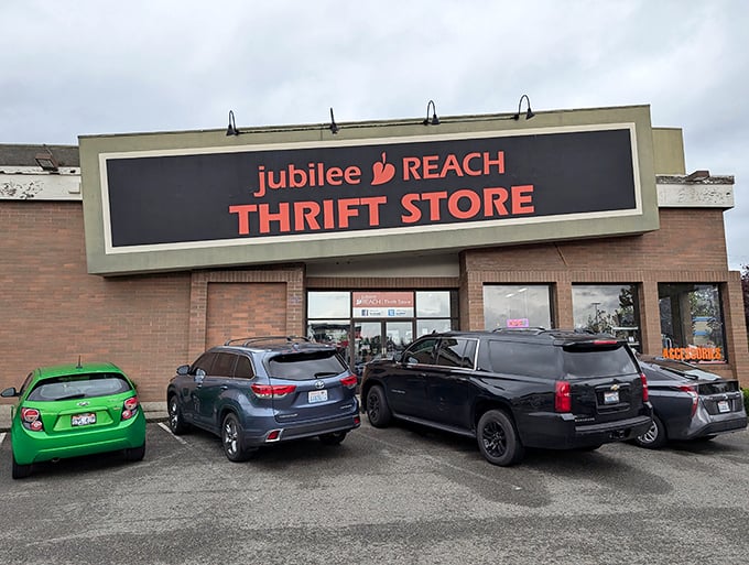 Jubilee REACH's bold signage promises exactly what you'll find inside—a reach for joy through second-hand treasures.