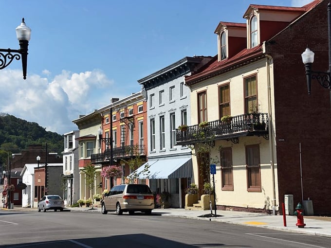 Maysville's colorful storefronts line up like well-dressed guests at a party that's been going on for centuries.