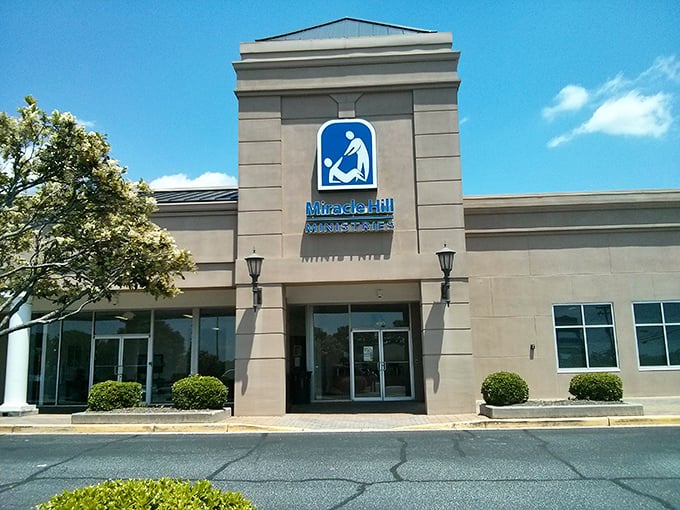 Miracle Hill's bright blue sign promises more than bargains – every purchase helps fund their community mission.