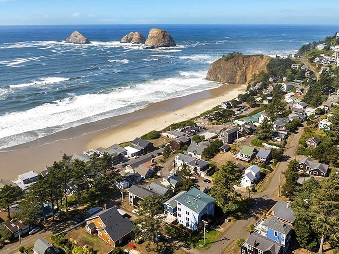 Oceanside's dramatic sea stacks rise like ancient sentinels, creating nature's own cathedral by the sea.