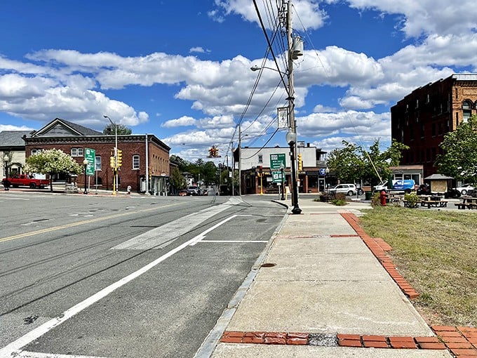 Orange's brick-lined Main Street could be a movie set for "Quintessential New England Town" – complete with hills in the background.