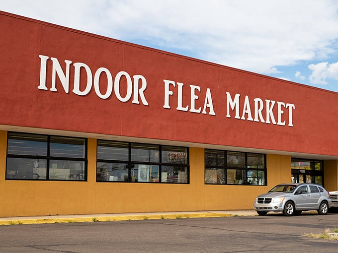 The vibrant terra-cotta facade of Albuquerque's Indoor Flea Market stands out like a beacon for treasure hunters on Central Avenue.