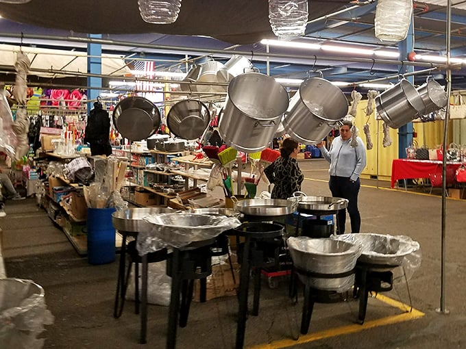 Pots and pans galore! This kitchen equipment vendor could outfit a restaurant—or your next backyard cookout—with these gleaming metal treasures.