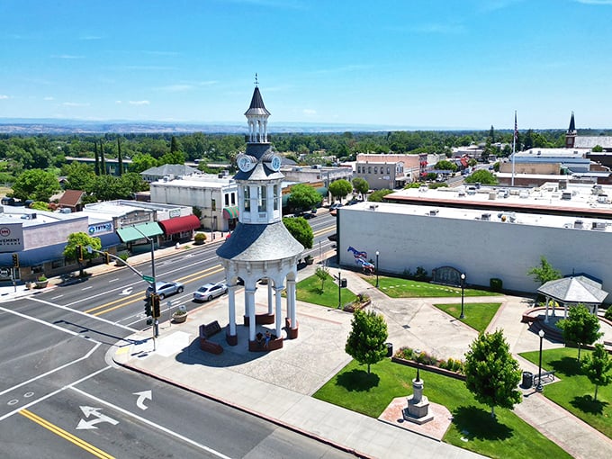 Red Bluff's aerial view reveals a town where courthouse squares and tree-lined streets create affordable small-town magic.