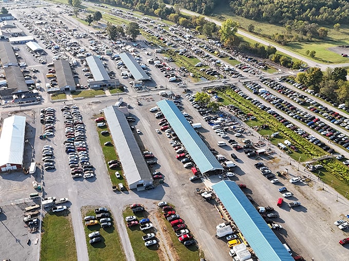 The aerial view reveals endless rows of vendors stretching across the countryside like a bargain hunter's dream.