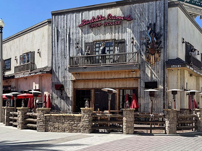 Weathered wood and rustic charm make this steakhouse look like a movie set come alive.