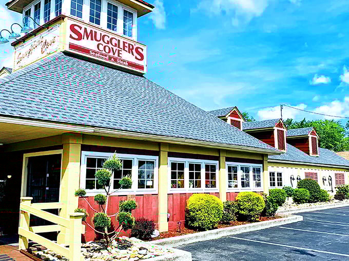 Smuggler's Cove: Sunshine yellow with red trim—this cheerful building houses seafood treasures that would make any pirate jealous.
