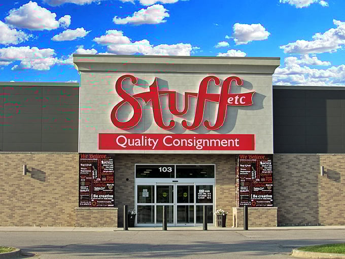 Stuff Etc's bold red sign against the clear blue sky—where "Quality Consignment" isn't just a tagline, it's a solemn promise.