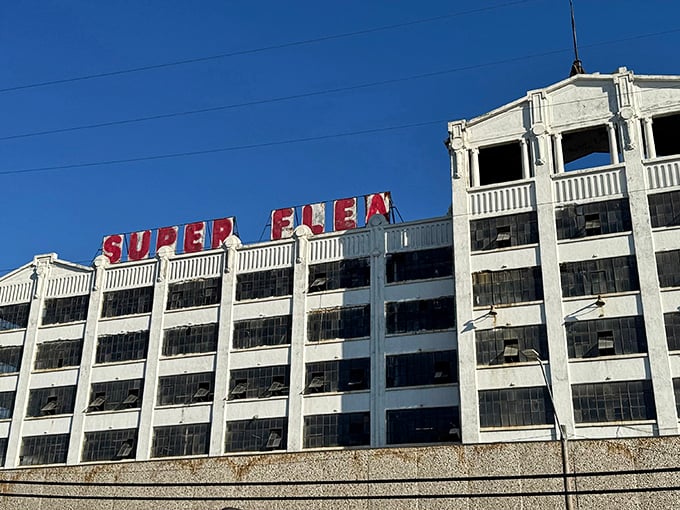 The "Super Flea" sign promises big adventures in this converted retail cathedral of commerce.