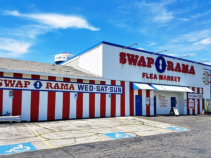 Red, white, and blue bargains! Swap-O-Rama's patriotic exterior promises a melting pot of merchandise waiting inside.