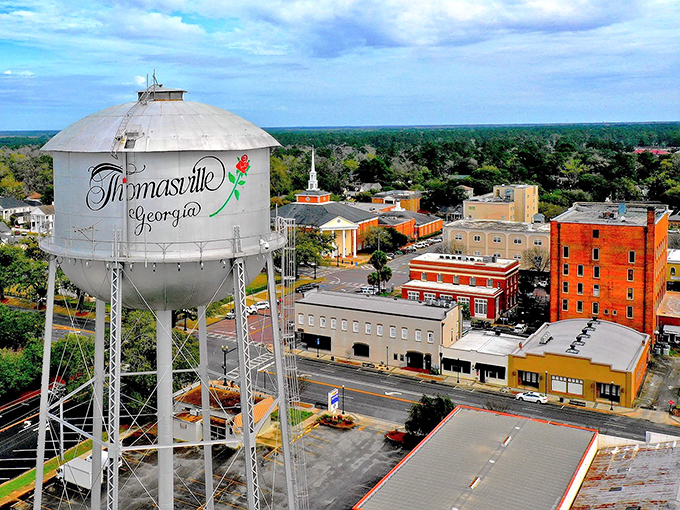Thomasville's water tower proudly announces itself against a blue Georgia sky – small-town charm with a vertical accent!