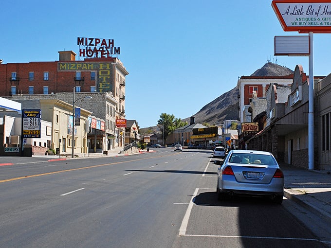 The Mizpah Hotel stands tall like a brick guardian watching over Tonopah's dusty dreams.
