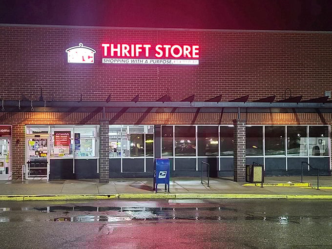Arc Thrift's neon sign glows like a beacon for night owls seeking last-minute bargains after a long day.