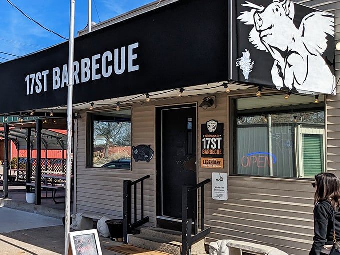 The humble exterior of 17th Street Barbecue is like a book with a plain cover but extraordinary pages – the magic happens inside those smokers.